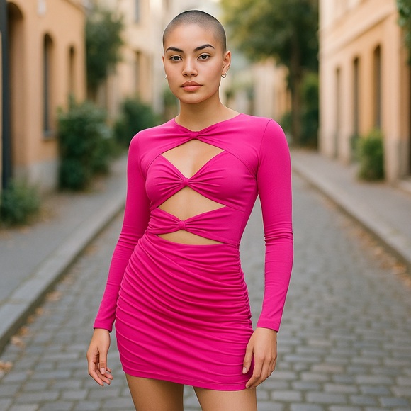 Yaura | Dresses | Yaura Fope Twist Front Cutout Dress Hot Pink Ruched ...